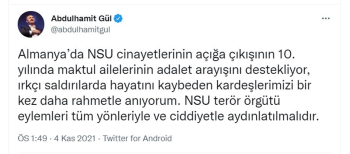 Bakan Gül: NSU terör örgütü eylemleri tüm yönleriyle aydınlatılmalı